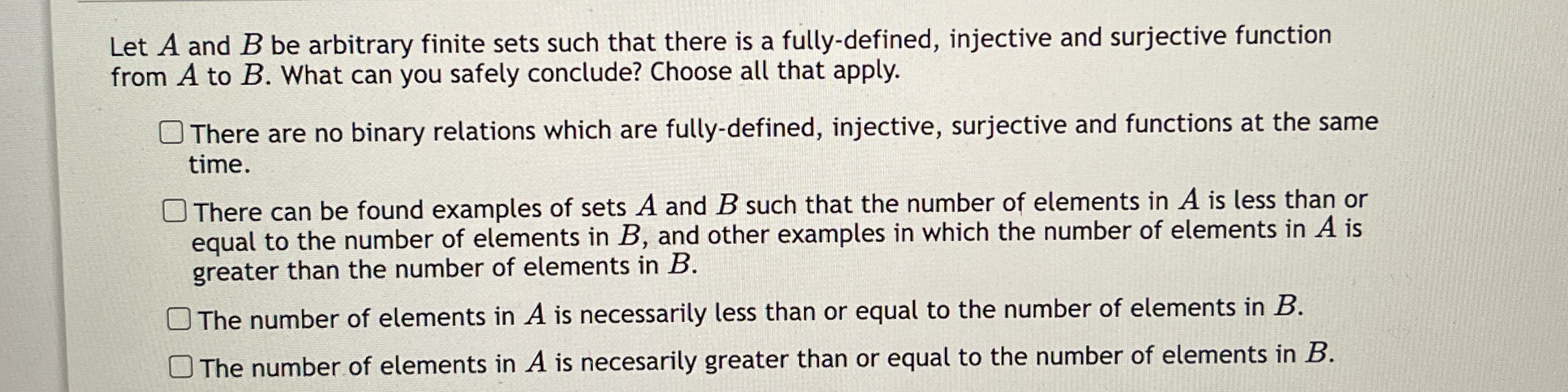 Solved Let A and B ﻿be arbitrary finite sets such that there | Chegg.com