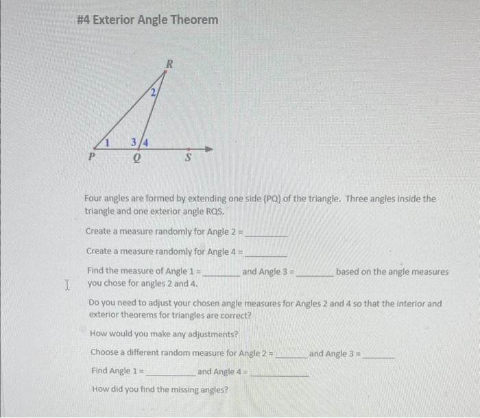 Solved #4 Exterior Angle Theorem Four angles are formed by | Chegg.com