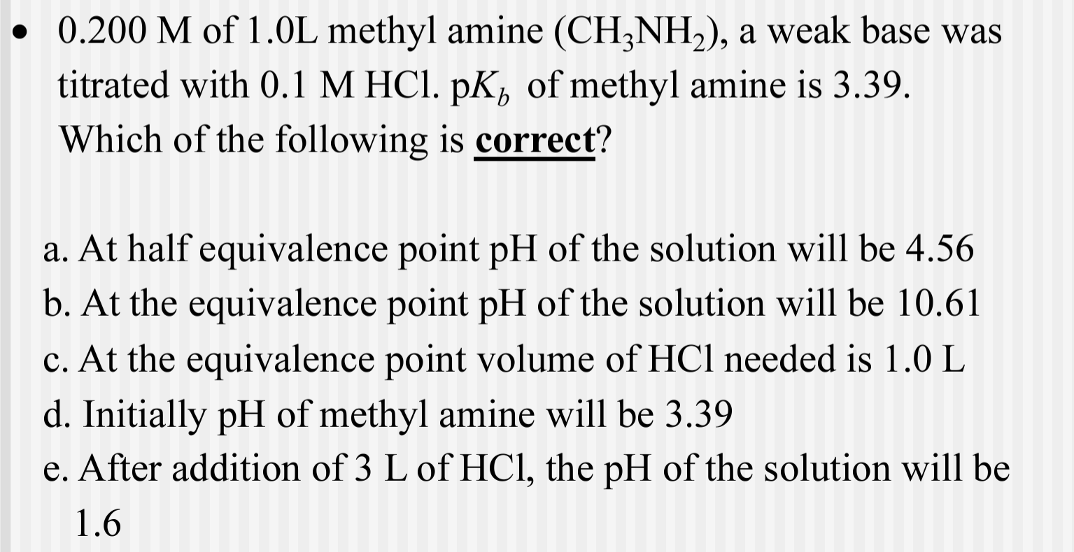 Solved 0.200M ﻿of 1.0L ﻿methyl amine (CH3NH2), ﻿a weak base | Chegg.com