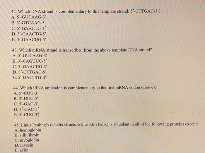 Solved 42. Which DNA strand is complementary to this | Chegg.com