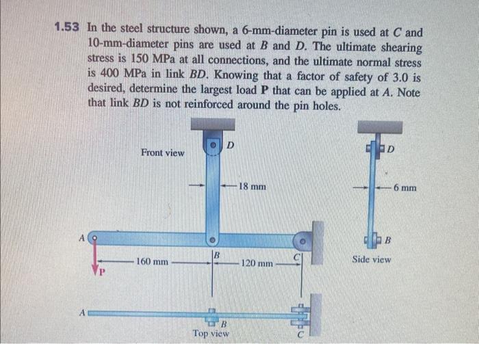 Solved 53 In the steel structure shown, a 6-mm-diameter pin | Chegg.com