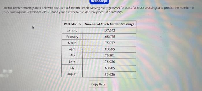 Solved Use the border crossings data below to calculate a | Chegg.com