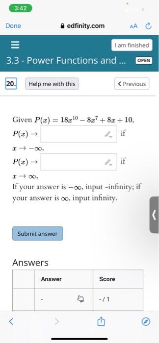 Solved 3:42 Done edfinity.com АА С = I am finished 3.3 - | Chegg.com