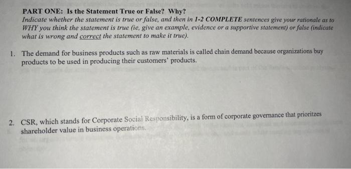 Solved PART ONE: Is the Statement True or False? Why? | Chegg.com