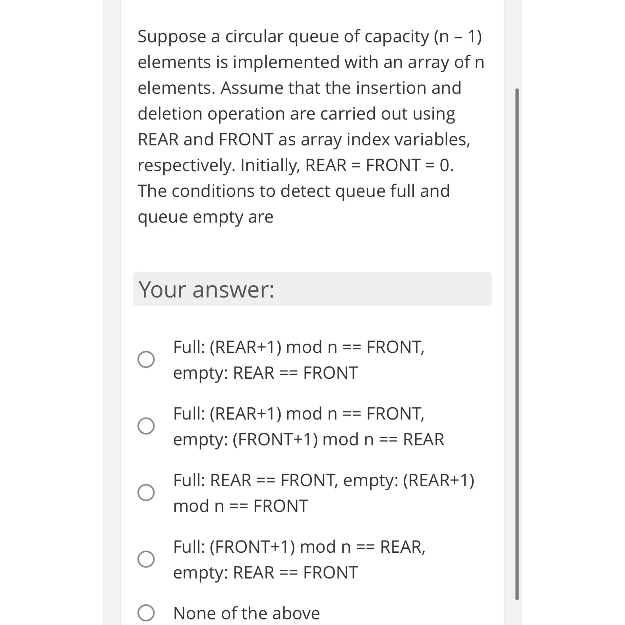 Solved Suppose a circular queue of capacity ( n-1 ) | Chegg.com