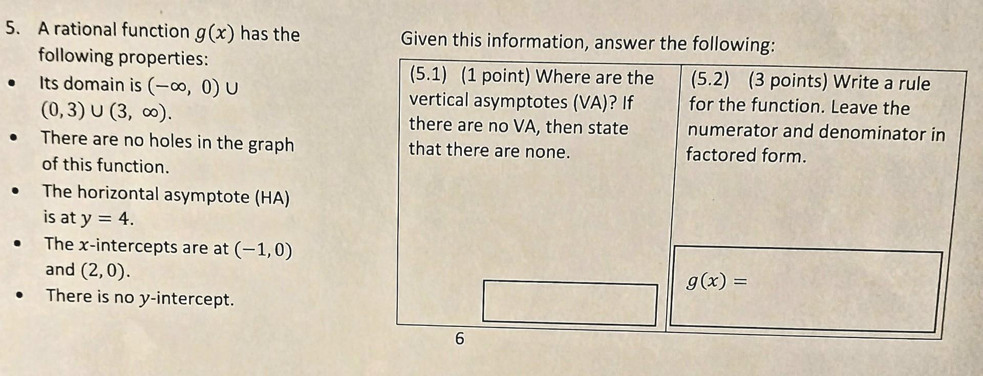 Solved 5. A rational function g(x) has the following | Chegg.com