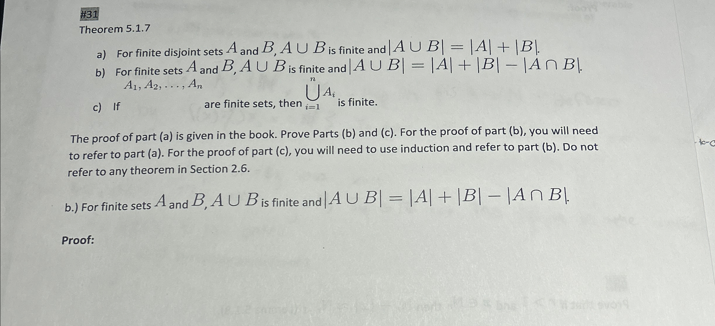Solved #31Theorem 5.1.7a) ﻿For finite disjoint sets A and | Chegg.com