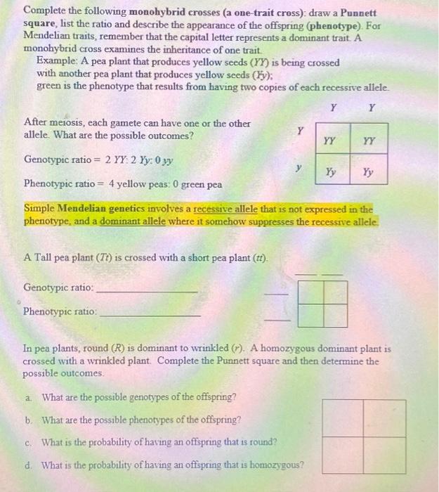 Solved Complete the following monohybrid crosses (a | Chegg.com