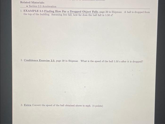 Solved 1. EXAMPLE 2.5 Finding How Far a Dropped Object | Chegg.com