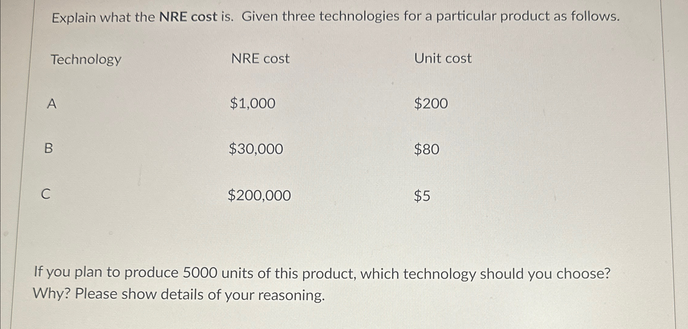 Solved Explain what the NRE cost is. ﻿Given three | Chegg.com