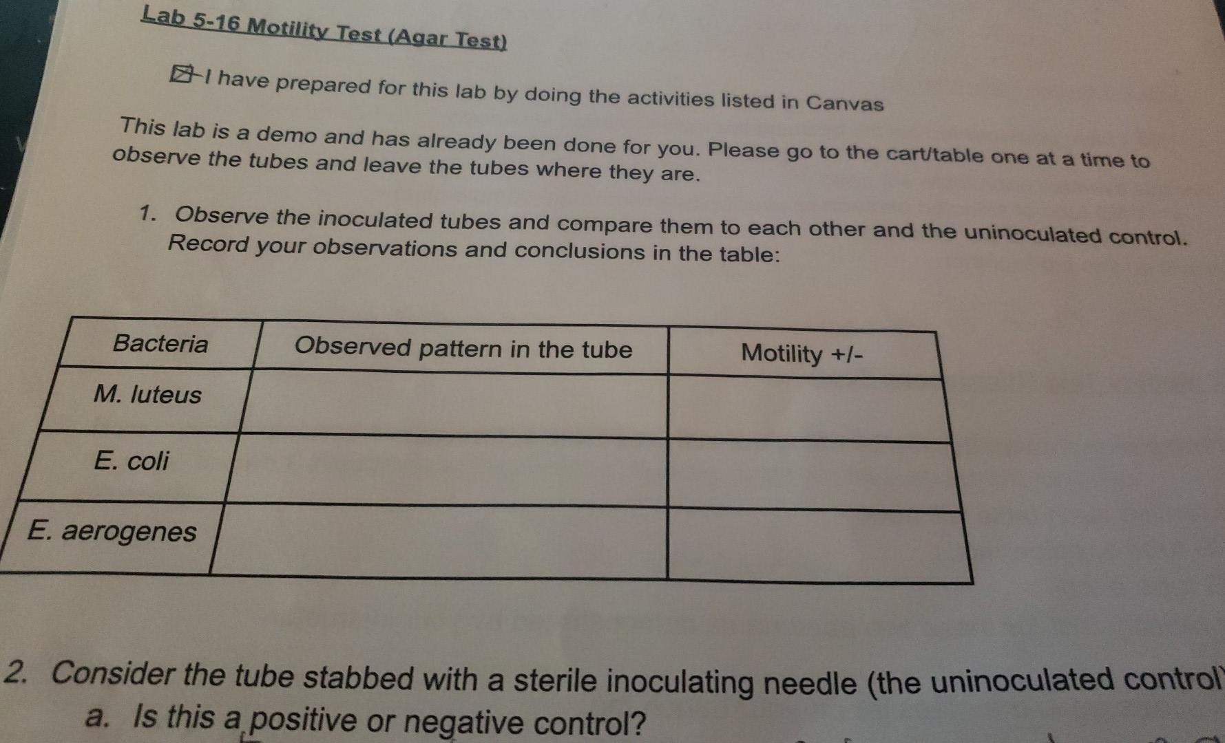 Solved Lab 5-16 Motility Test (Agar Test) I have prepared | Chegg.com