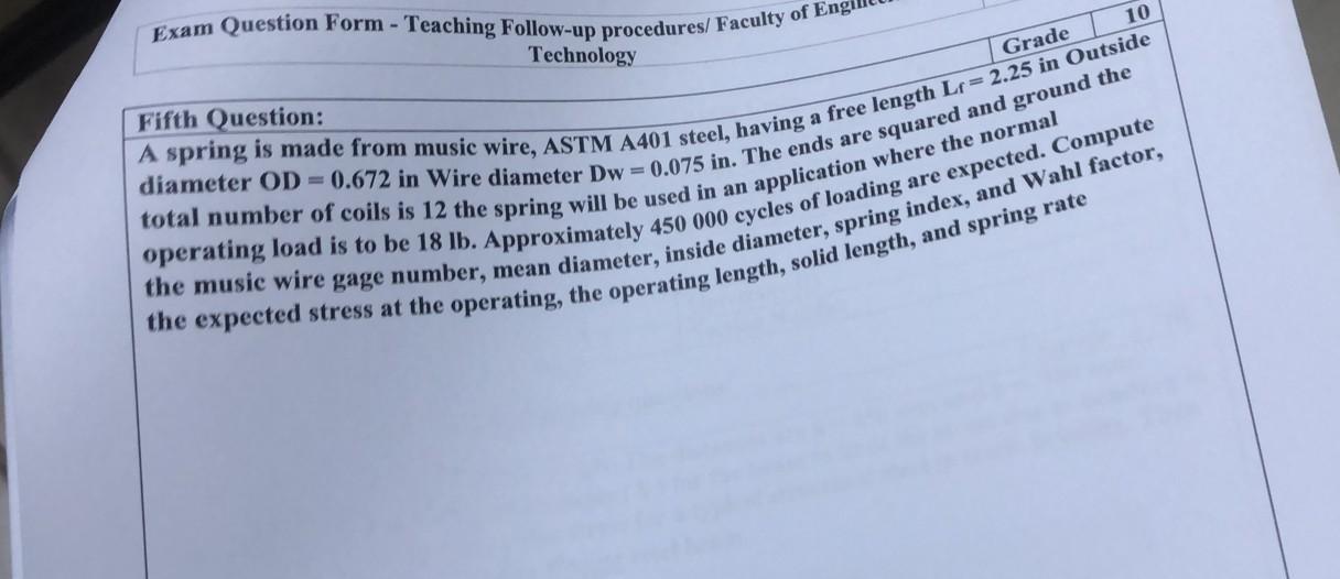 Solved Fifth Question: A spring is made from music wire, | Chegg.com