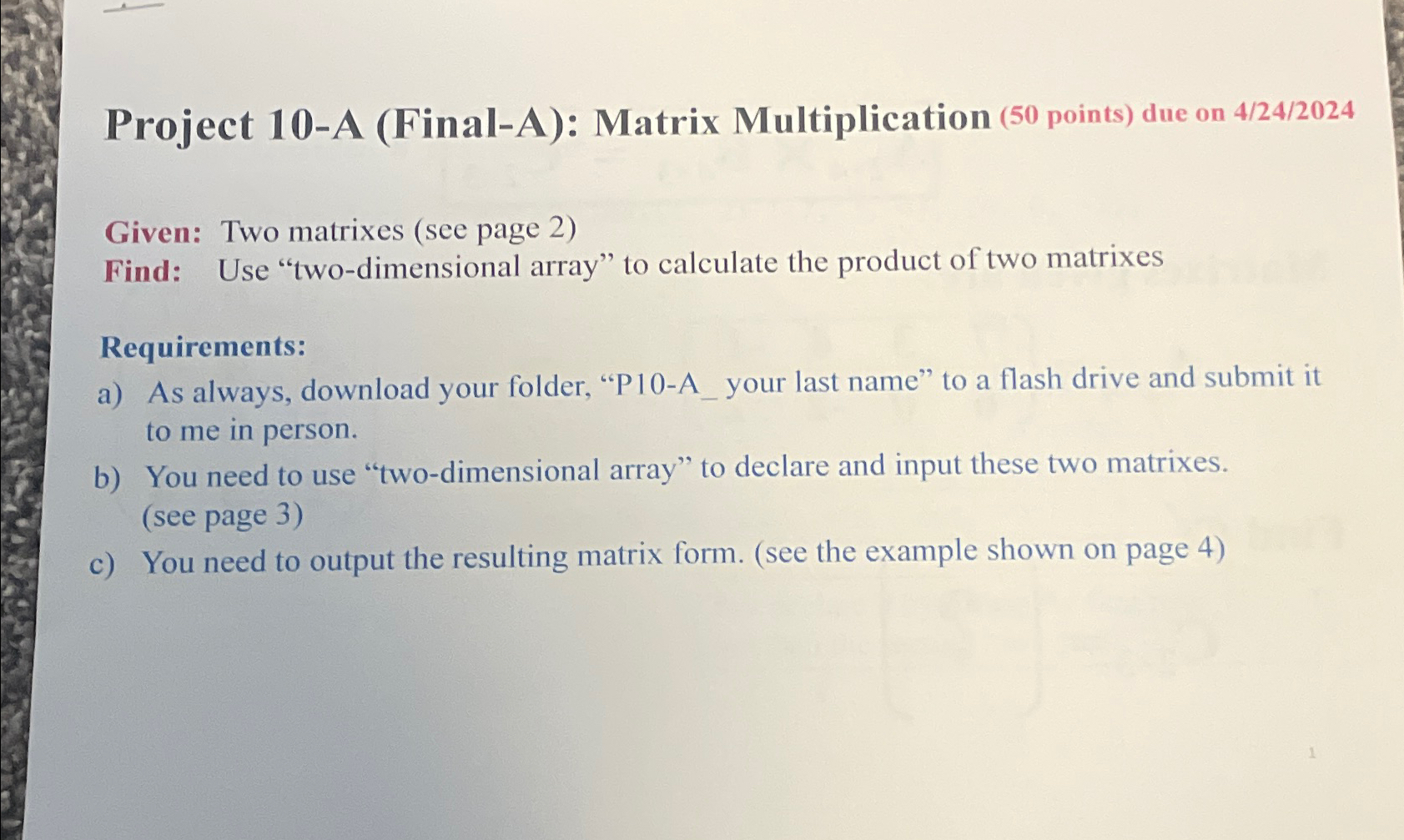 Solved Project 10-A (Final-A): Matrix Multiplication (50 | Chegg.com