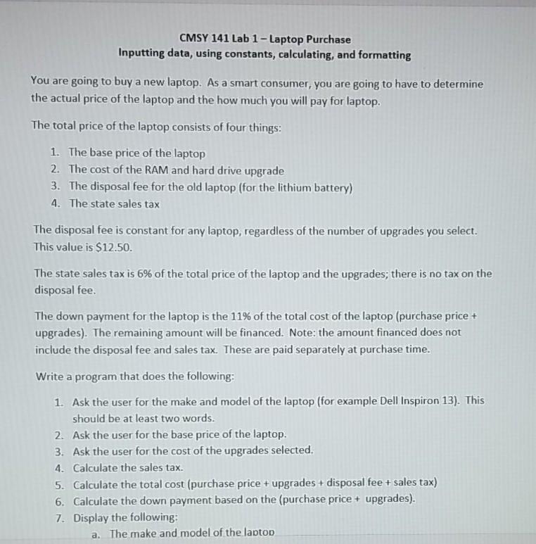 Solved CMSY 141 Lab 1 - Laptop Purchase Inputting data, | Chegg.com