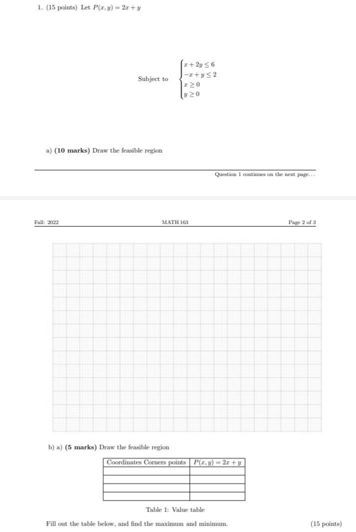 Solved 1. (15 points) Let P(x,y)=2x+y ⎩⎨⎧x+2y≤6−x+y≤2x≥0y≥0 | Chegg.com