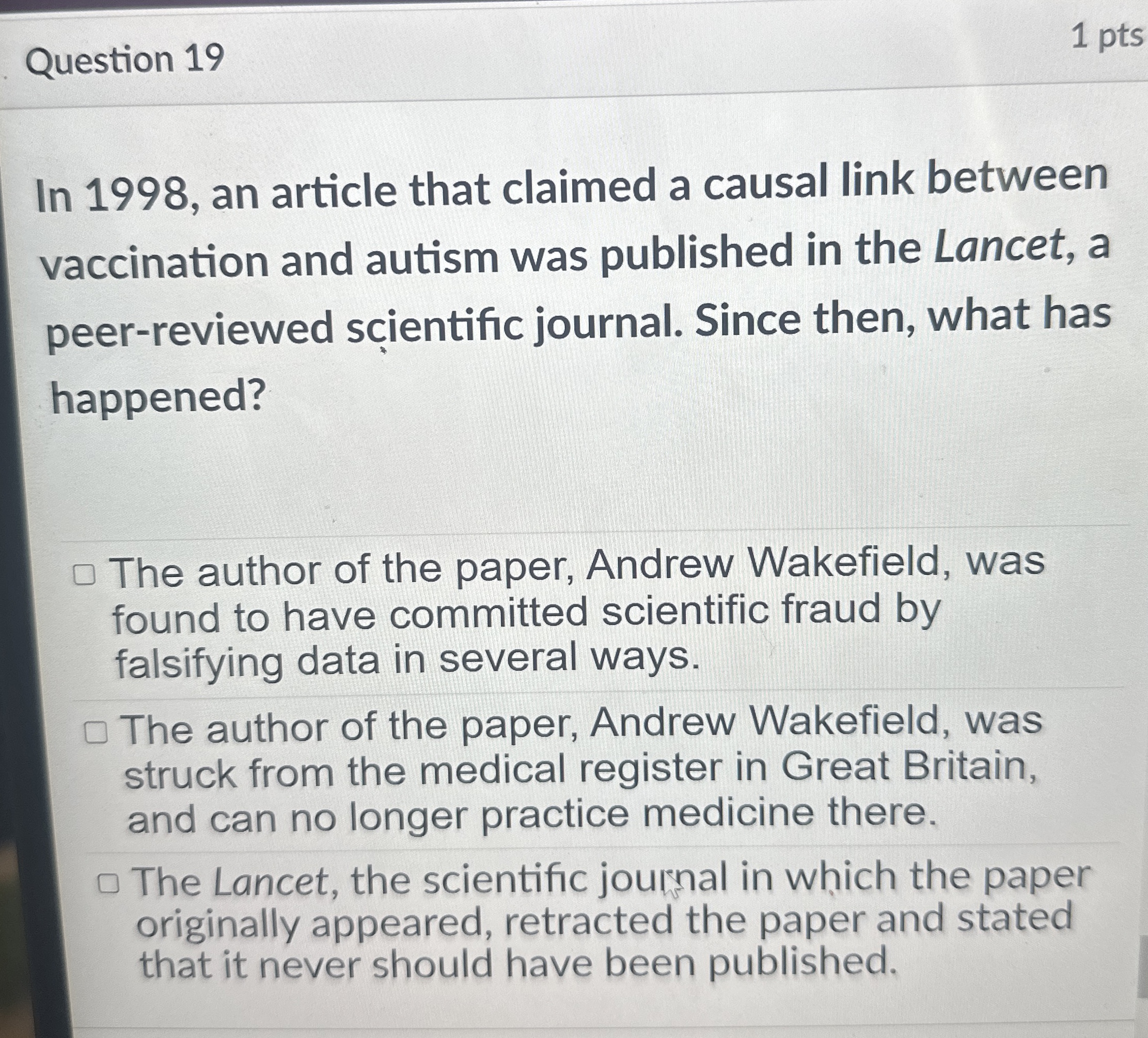 Solved Question 191 ﻿ptsIn 1998, ﻿an article that claimed a | Chegg.com