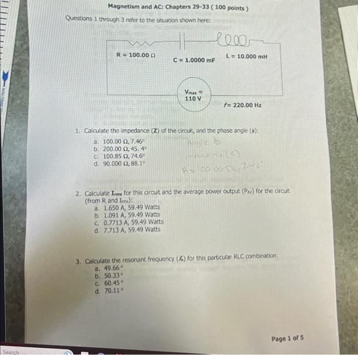 Solved Magnetism and AC: Chapters 29-33 (100 points) | Chegg.com