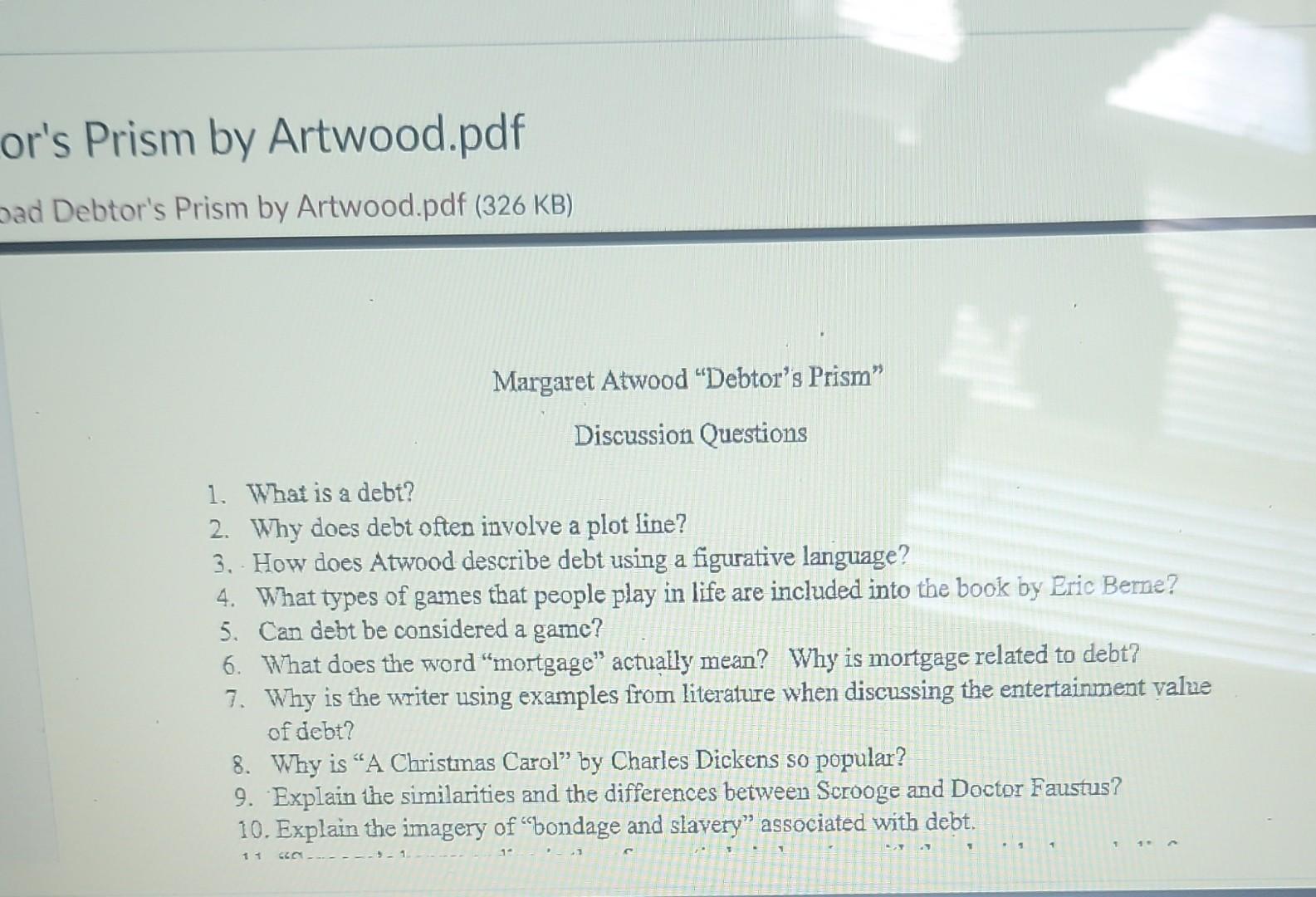 Margaret Atwood "Debtor's Prism" Discussion Questions | Chegg.com