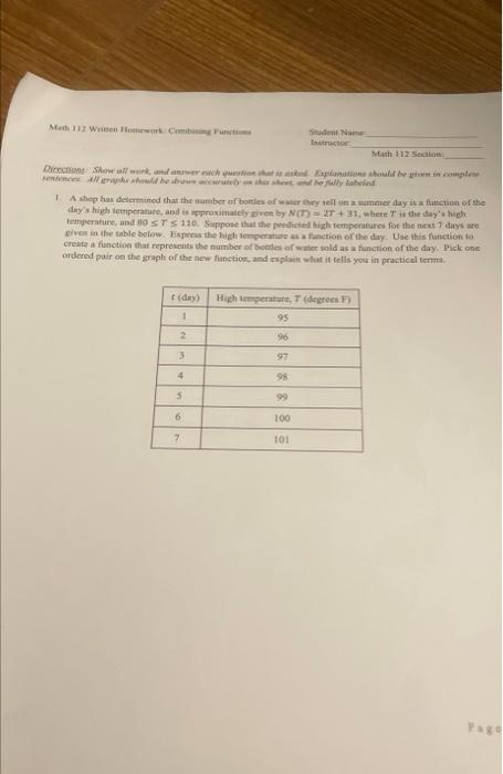 Solved Math 112 Written Homework Combining Functions