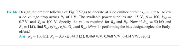 Solved 7.44 Design the emitter follower of Fig. 7.59 (a) to | Chegg.com