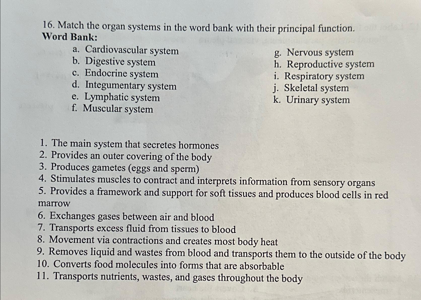 Solved Match the organ systems in the word bank with their | Chegg.com