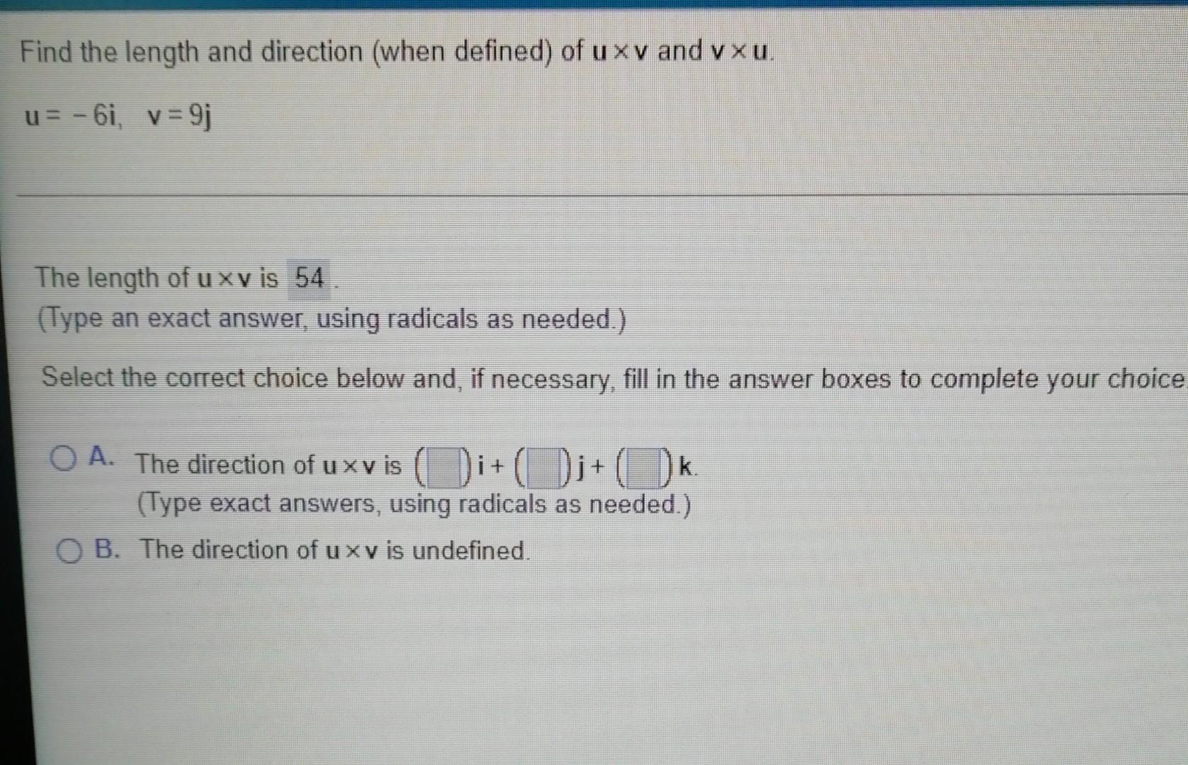 Solved Find the length and direction (when defined) of uxv | Chegg.com