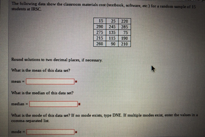Solved The following data show the classroom materials cost | Chegg.com