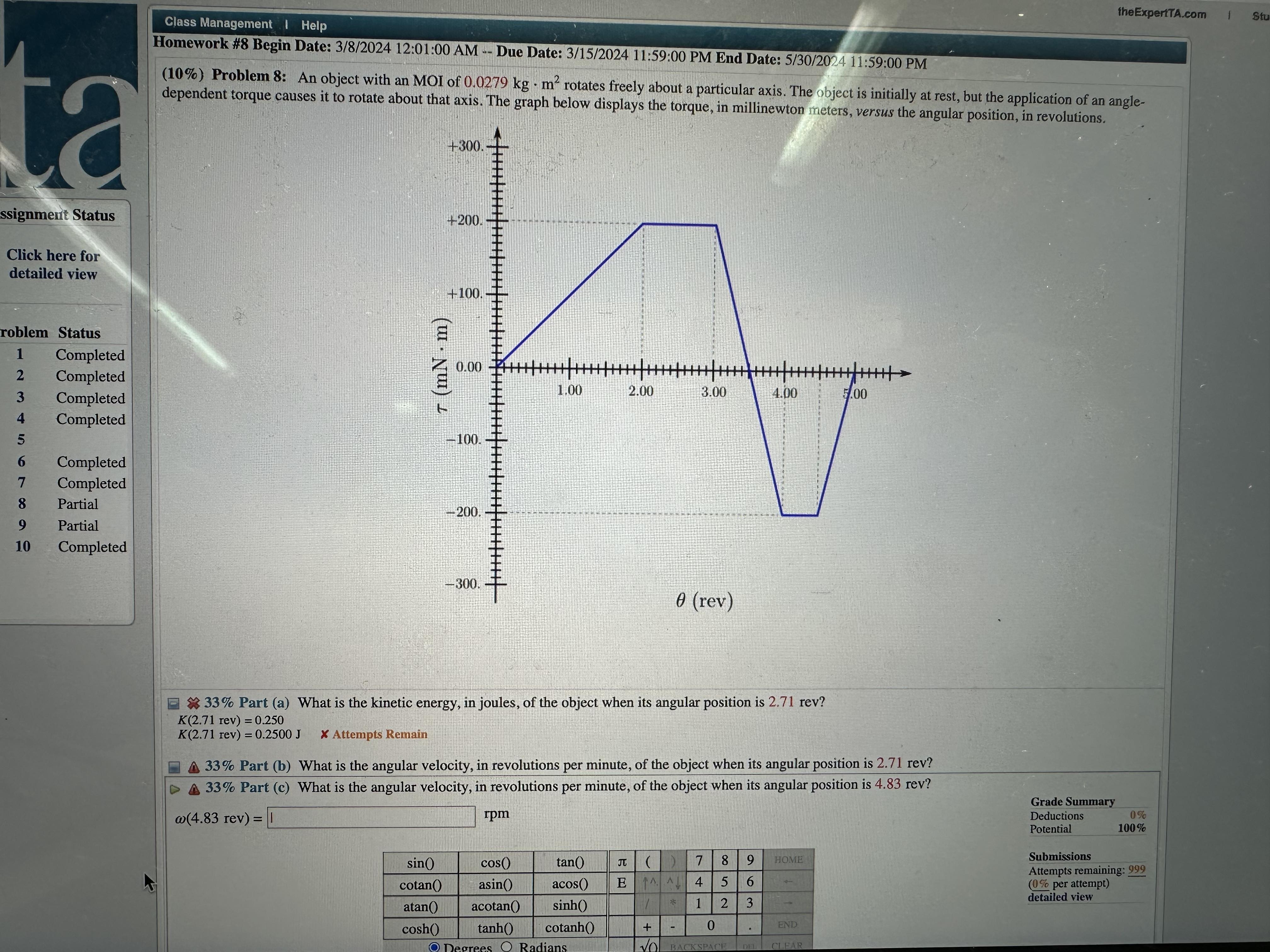 Solved (10%) ﻿Problem 8: An object with an MOI of | Chegg.com