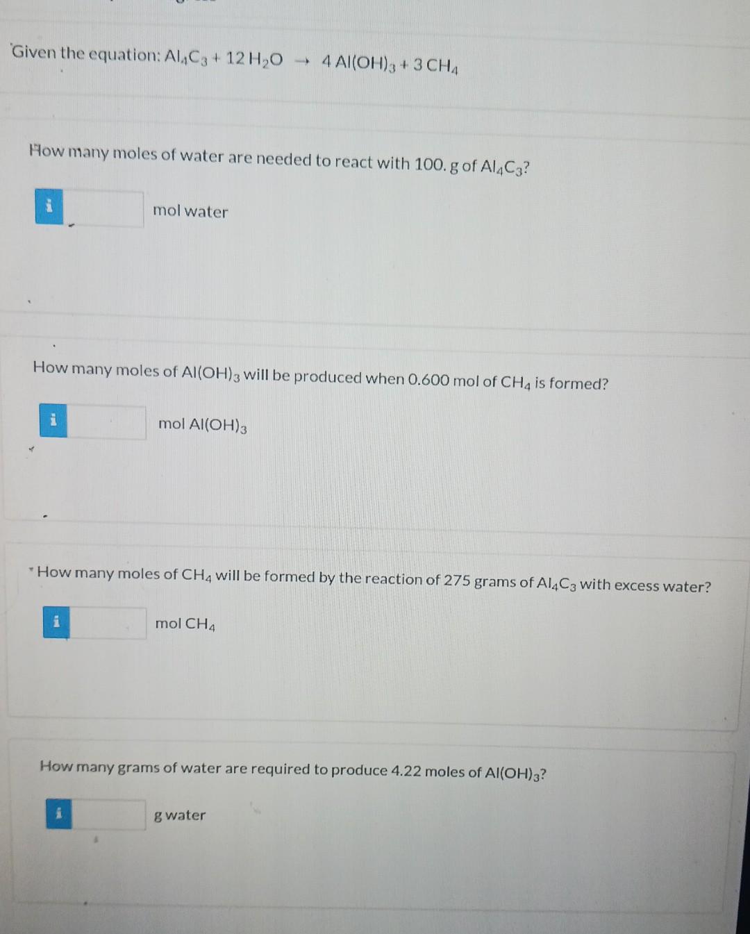 Solved Given the equation: Al4C3+12H2O→4Al(OH)3+3CH4 How | Chegg.com