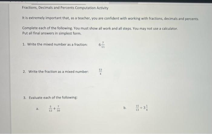 Solved Fractions, Decimals and Percents Computation Activity | Chegg.com
