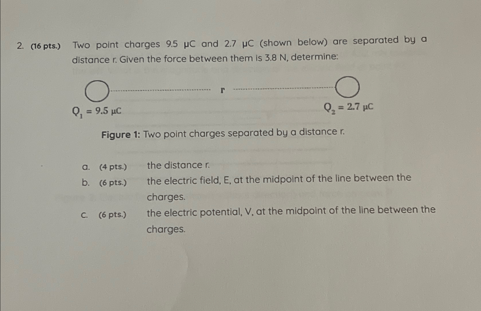 Solved (16 ﻿pts.) ﻿Two point charges 9.5μC ﻿and 2.7μC (shown | Chegg.com