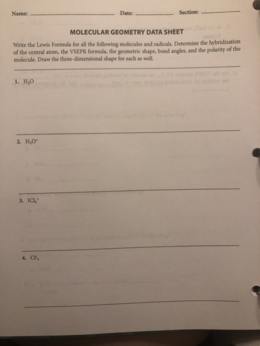 Solved Name: Date: Section: MOLECULAR GEOMETRY DATA SHEET | Chegg.com