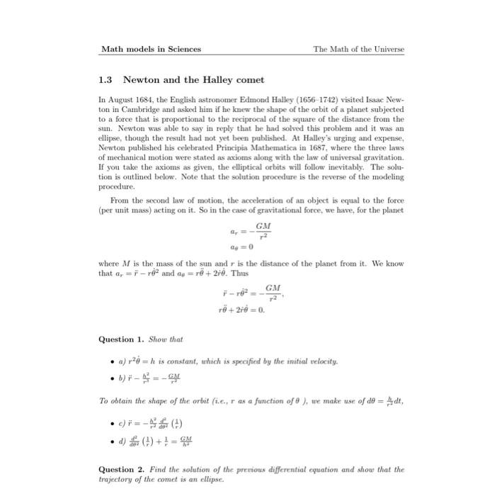 Solved 1.3 Newton and the Halley comet In August 1684, the | Chegg.com
