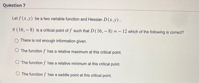Solved Let f(x,y) be a two variable function and Hessian | Chegg.com