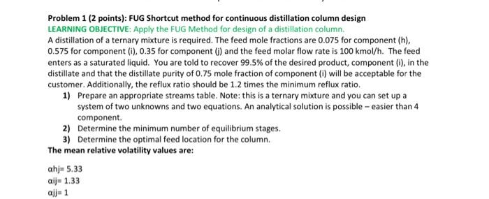 Solved Problem 1 ( 2 points): FUG Shortcut method for | Chegg.com