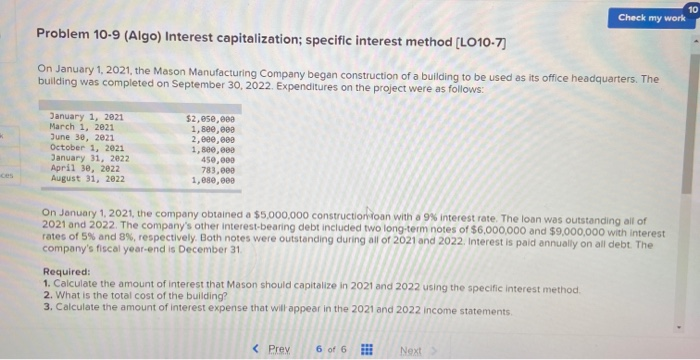 Solved Check my work Problem 10-9 (Algo) Interest | Chegg.com