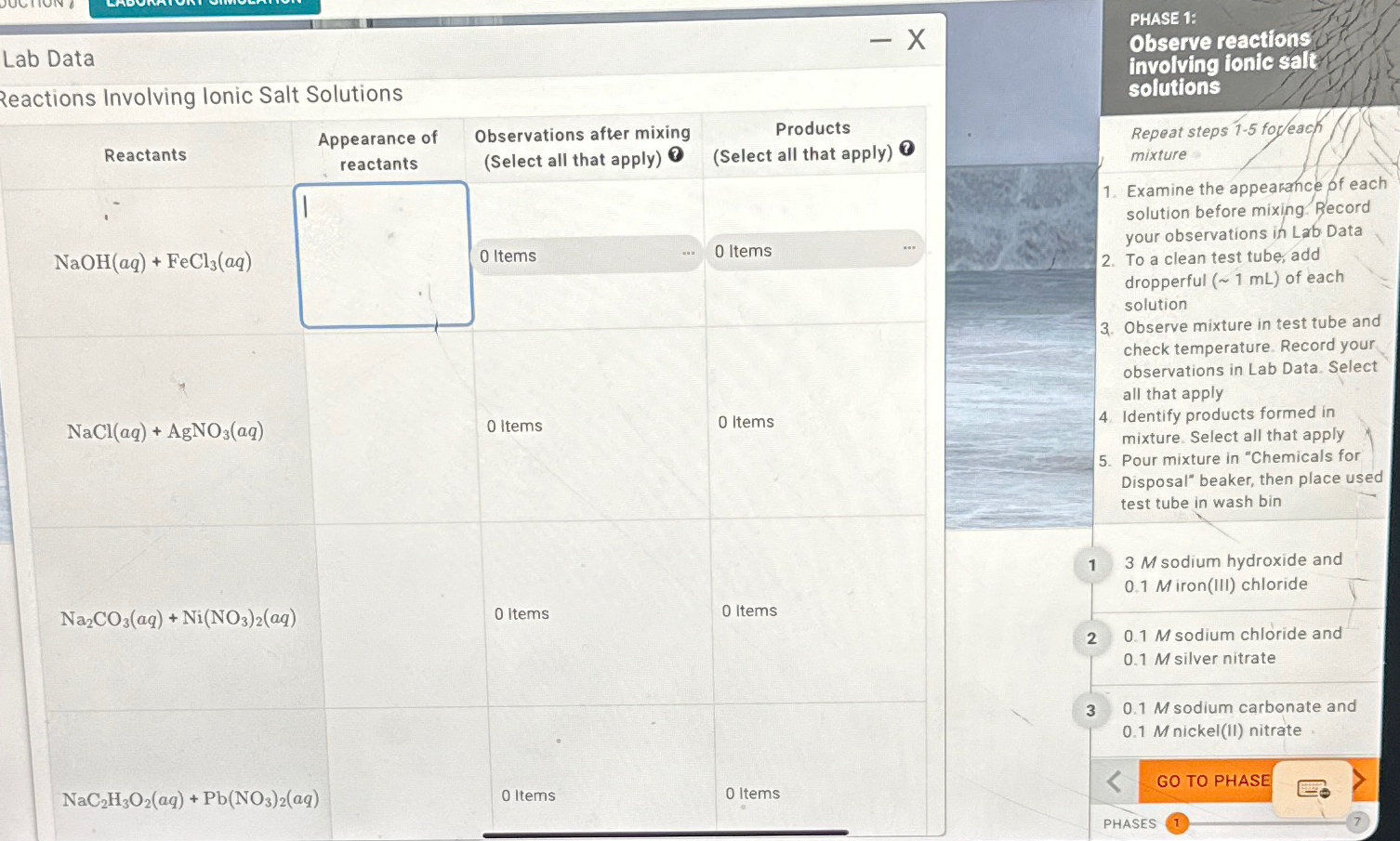 Solved Lab DataPHASE 1:Observe reactionsinvolving ionic | Chegg.com