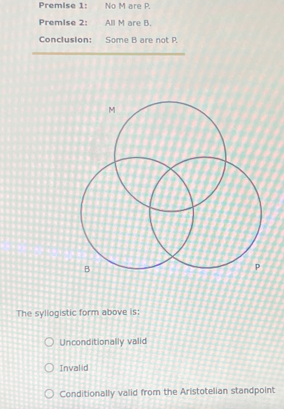 Solved Premise 1:No M ﻿are P.Premise 2: , ﻿All M are | Chegg.com