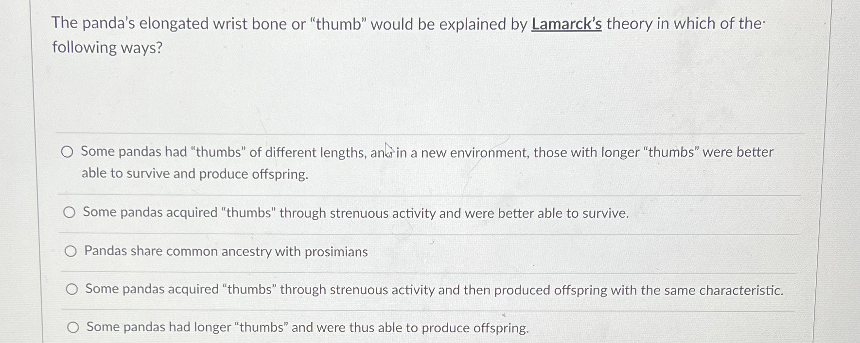 Solved The panda's elongated wrist bone or "thumb" would be | Chegg.com
