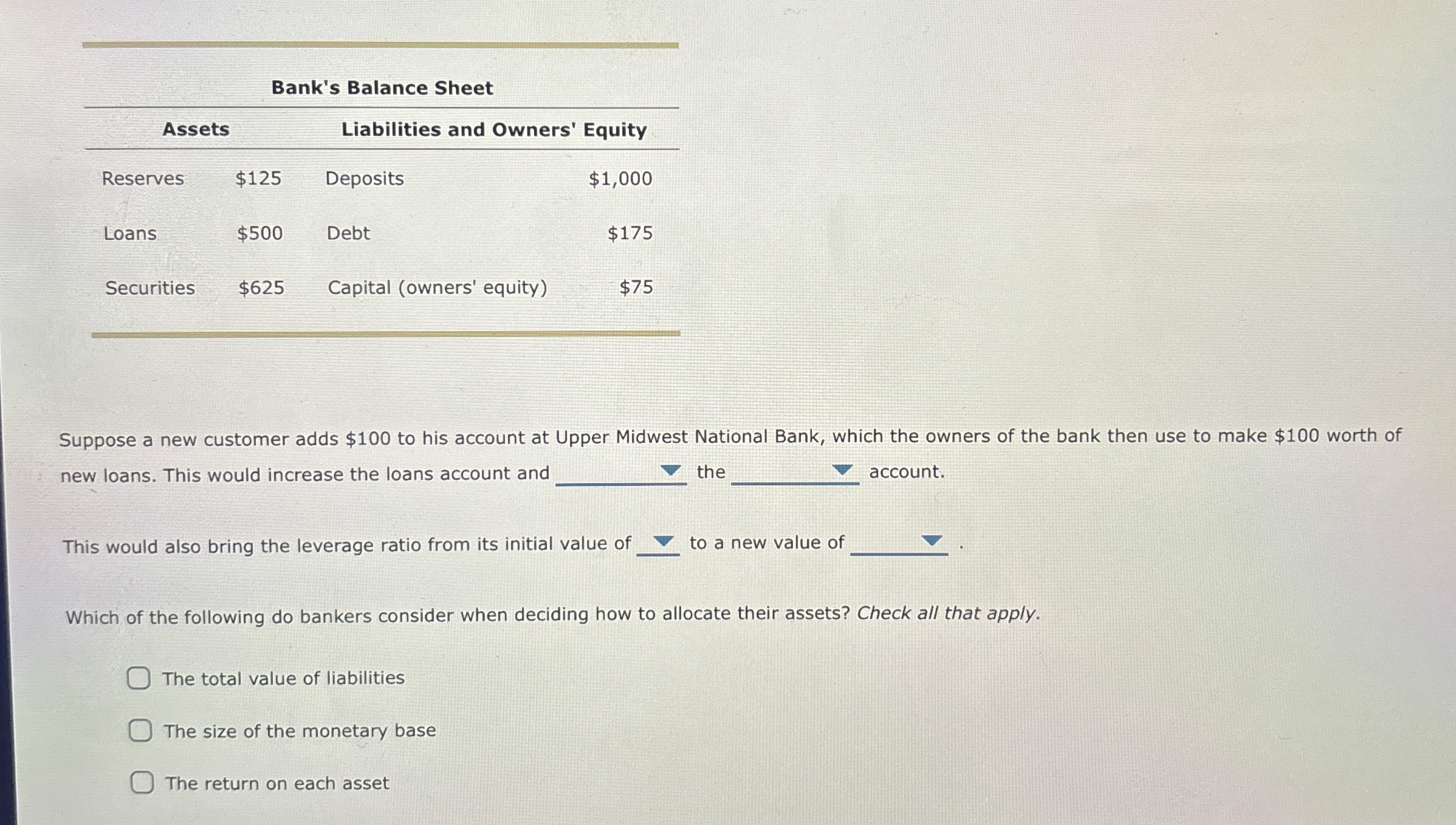 Solved Bank's Balance Sheet\table[[Assets,Liabilities and | Chegg.com