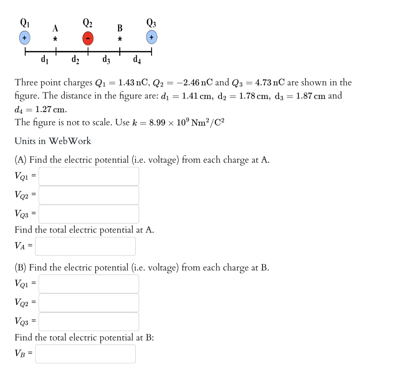 Solved Three point charges Q1=1.43nC,Q2=-2.46nC ﻿and | Chegg.com