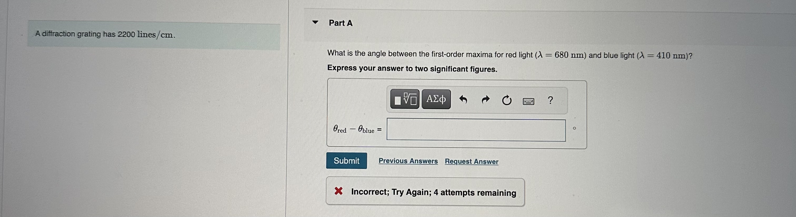Solved A diffraction grating has 2200 ﻿lines ?cm.Part AWhat | Chegg.com