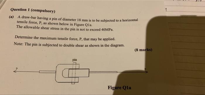 Solved 1 Question 1 (compulsory) (a) A draw-bar having a pin | Chegg.com