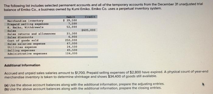 Solved The following list includes selected permanent | Chegg.com