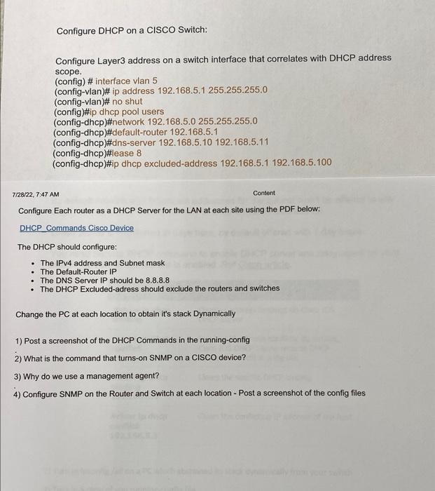Solved Configure DHCP on a CISCO Switch: Configure Layer3 | Chegg.com Solved Configure DHCP on a CISCO Switch: Configure Layer3 | Chegg.com
