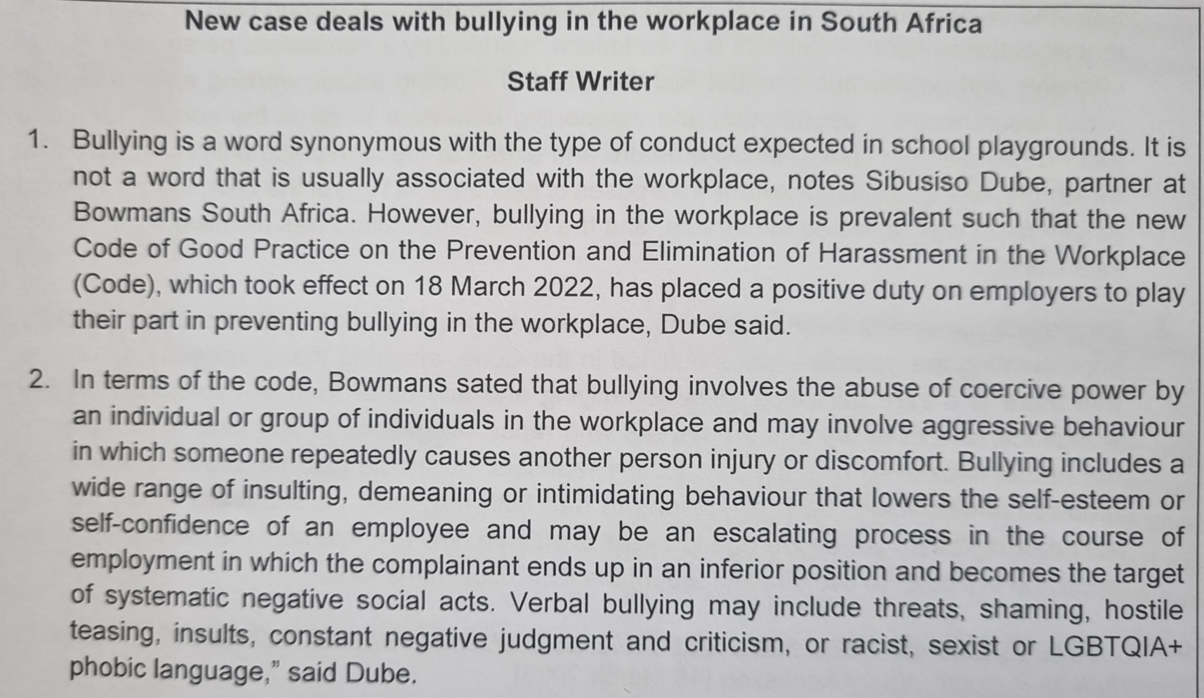 Solved New case deals with bullying in the workplace in | Chegg.com