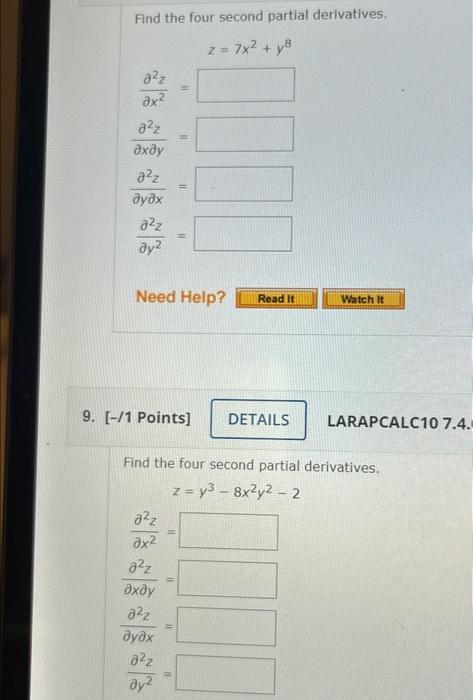 Solved Find the four second partial derivatives. | Chegg.com