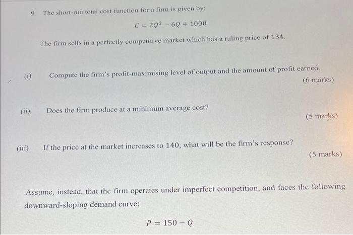 Solved The short-run total cost function for a firm is given | Chegg.com