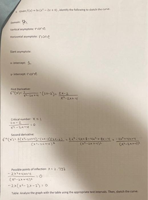 Solved 3. Given f(x)=ln(x2−2x+4), identify the following to | Chegg.com