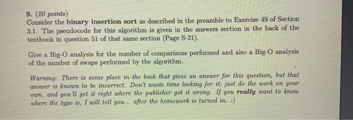 9. (20 points) Consider the binary insertion sort as | Chegg.com